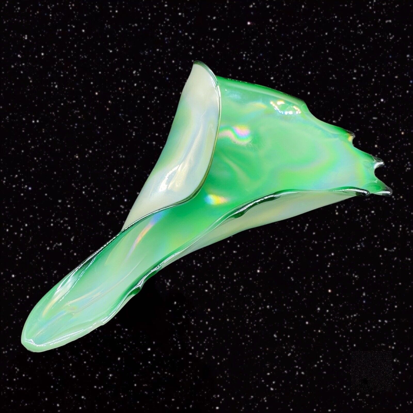 Polish Art Glass Folded Bowl Dish Glass Green Iridescent Poland Vintage ...