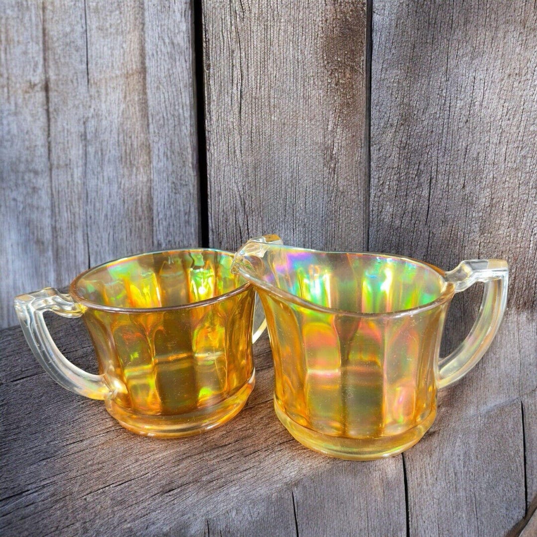 Marigold Carnival Glass Creamer and Double Handled Open Sugar Set ...