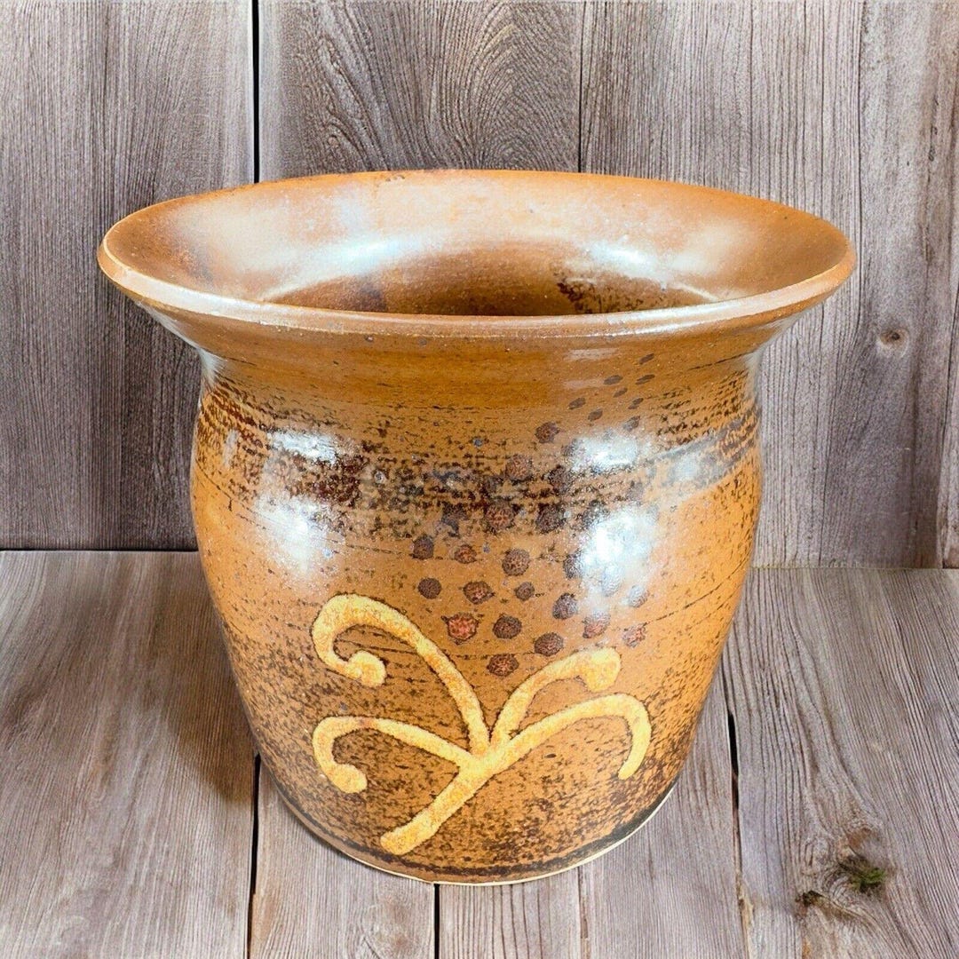 Hand Made Folk Art Pottery Brown Glazed Stoneware Vase Container Vessel ...