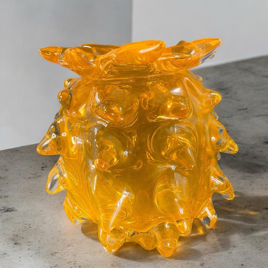 Brutalist Lazy Susan Amber Art Glass Thorn Vase Heavy Glass Vase Vessel ...