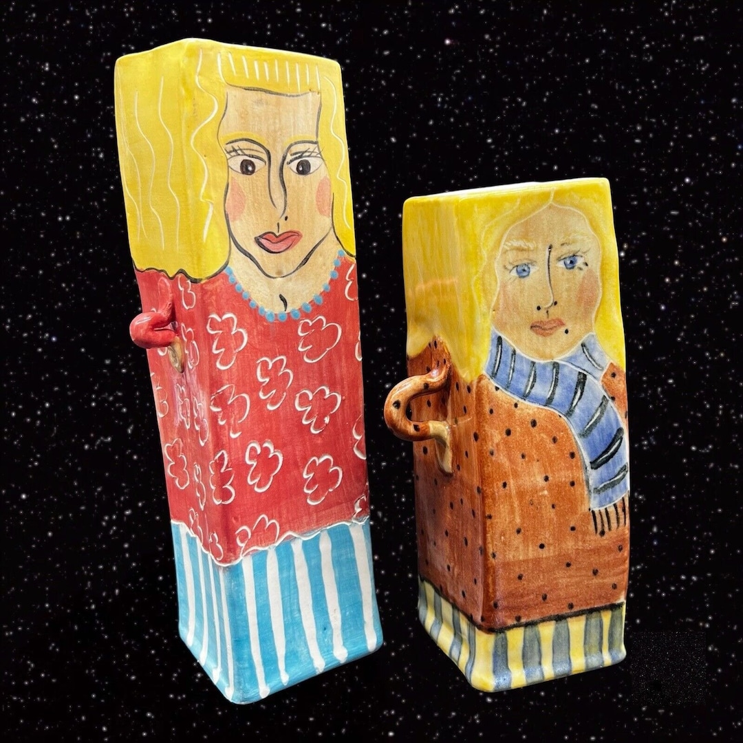 Vintage Pottery Whimsical Ceramic People Vase Set 2 Signed RS Hand ...