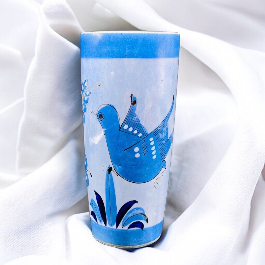 Mexican Folk Art Pottery Blue Bird Tonala Bud Vase Hand Painted Ceramic ...