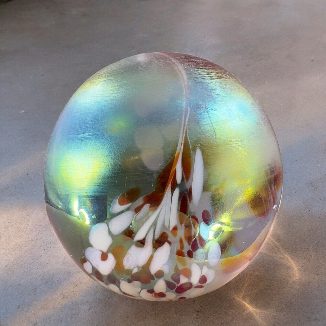 Hand Made Art Glass Paperweight Orb Polished Bottom Iridescent Glass ...
