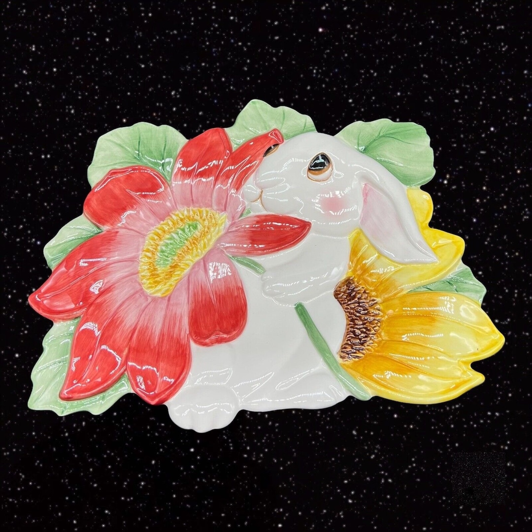 Fitz and Floyd Rabbit Bunny Blooms Plate Dish Flowers Platter 9”L 7.5”W ...