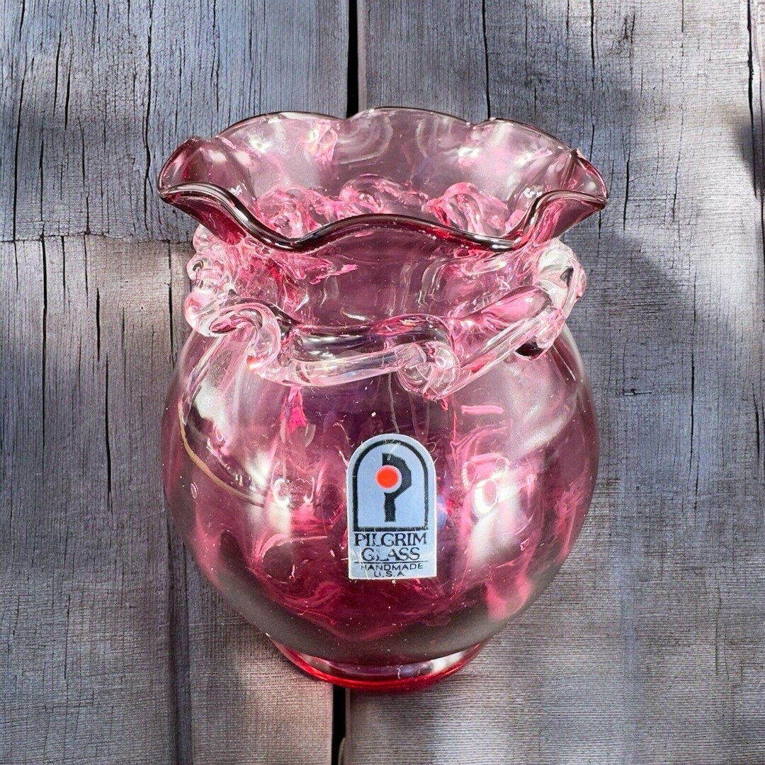 Vintage Pilgrim Cranberry Ruffled Round Vase Bowl Hand Made With ...