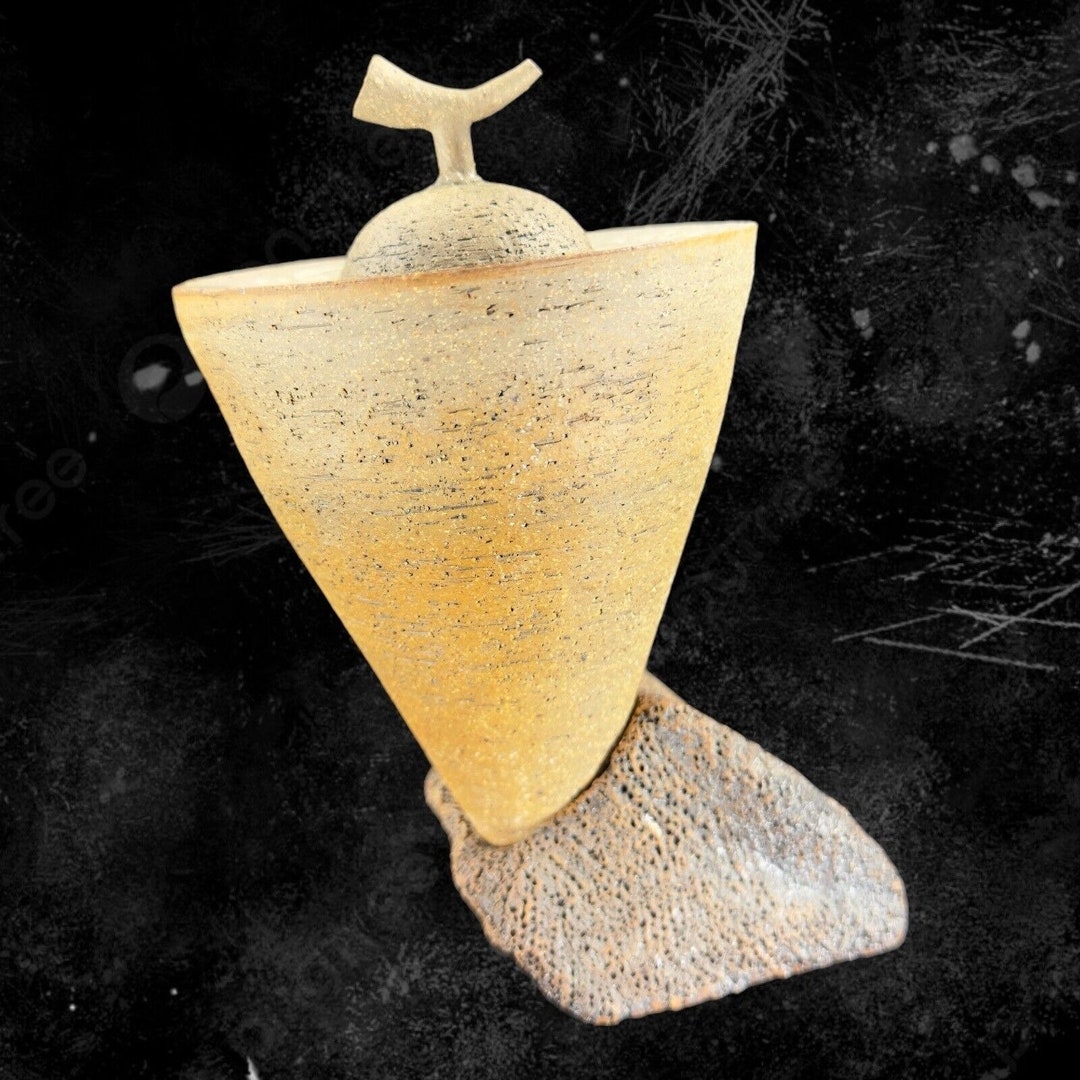 Antique Oriental Hand Made Pottery Vessel Container W Lid Angled ...