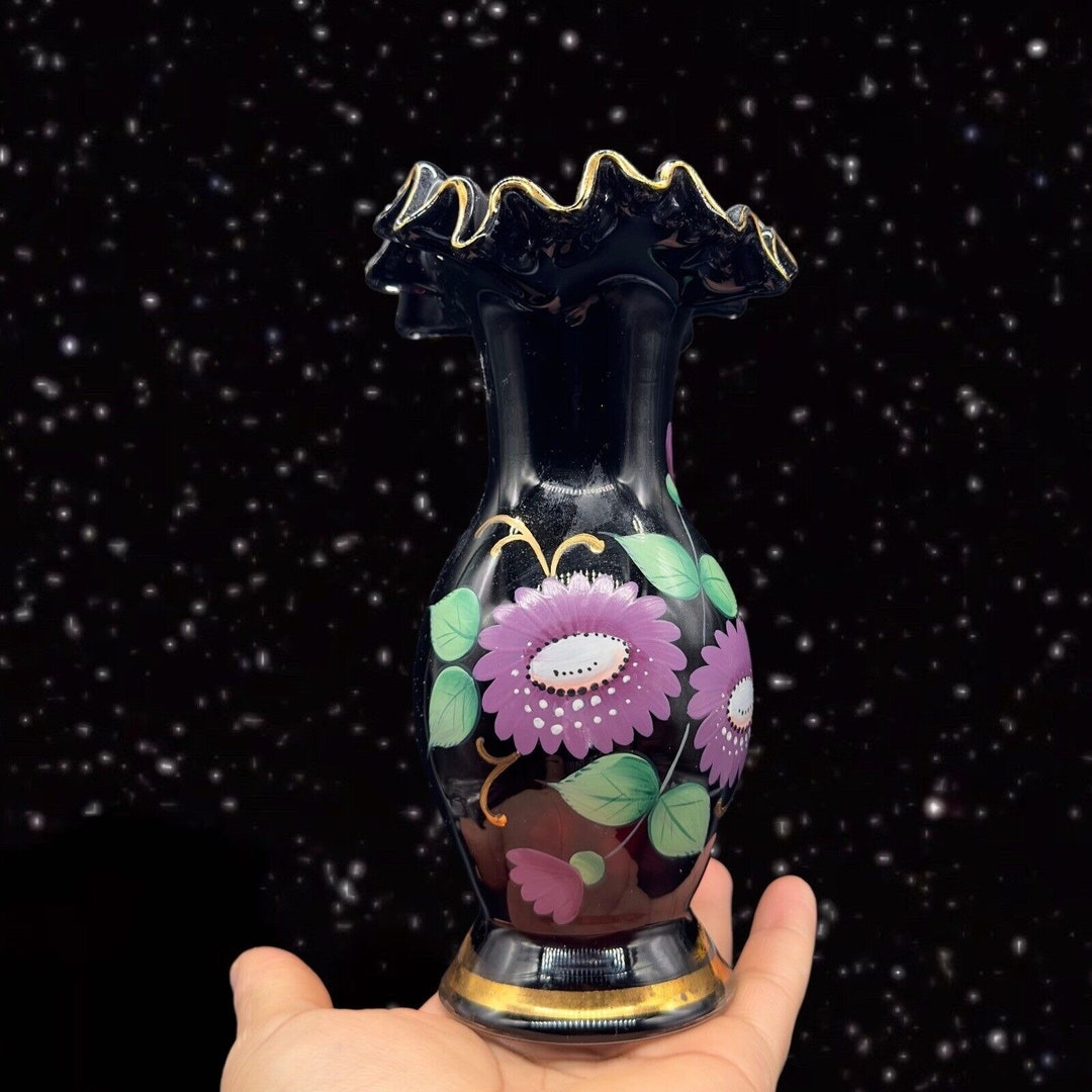 Victorian Art Glass Vase Dark Amethysts Hand Painted Glass Flower ...