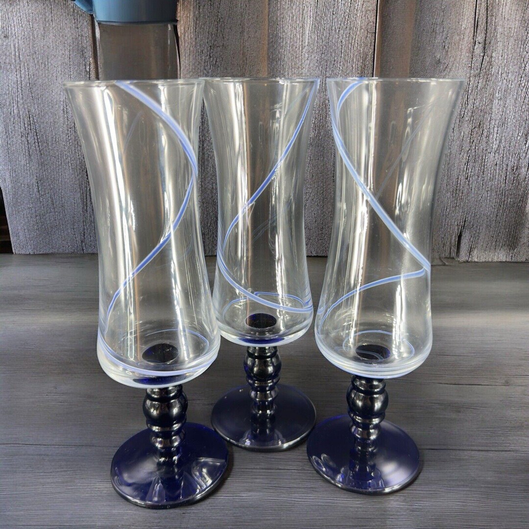 Footed Highball Cocktail Glasses Clear Cobalt Blue Swirl Set 3 Barware ...