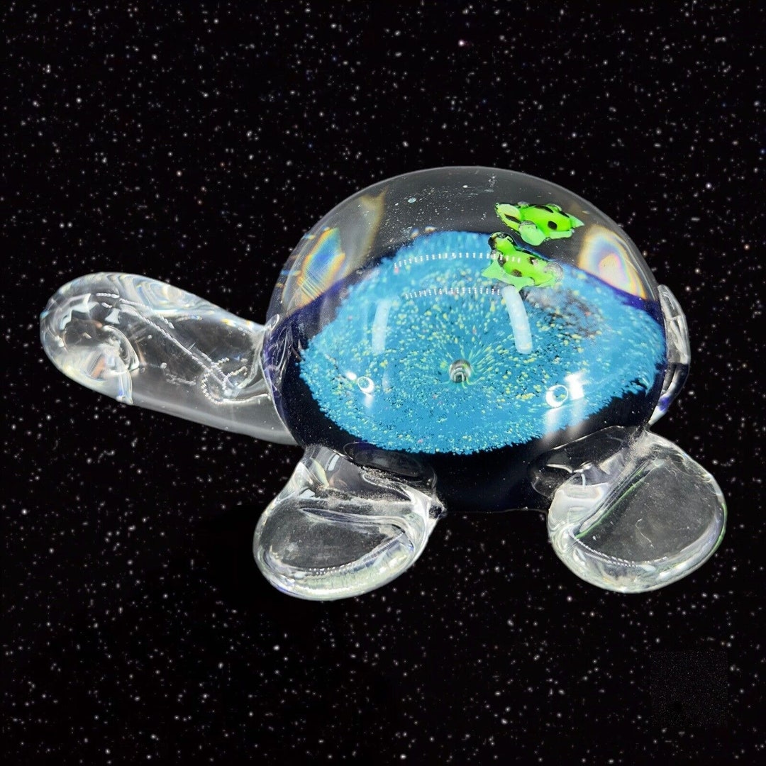Art Glass Turtle Paperweight Figurine Thick Heavy Glass Turtle W Green ...