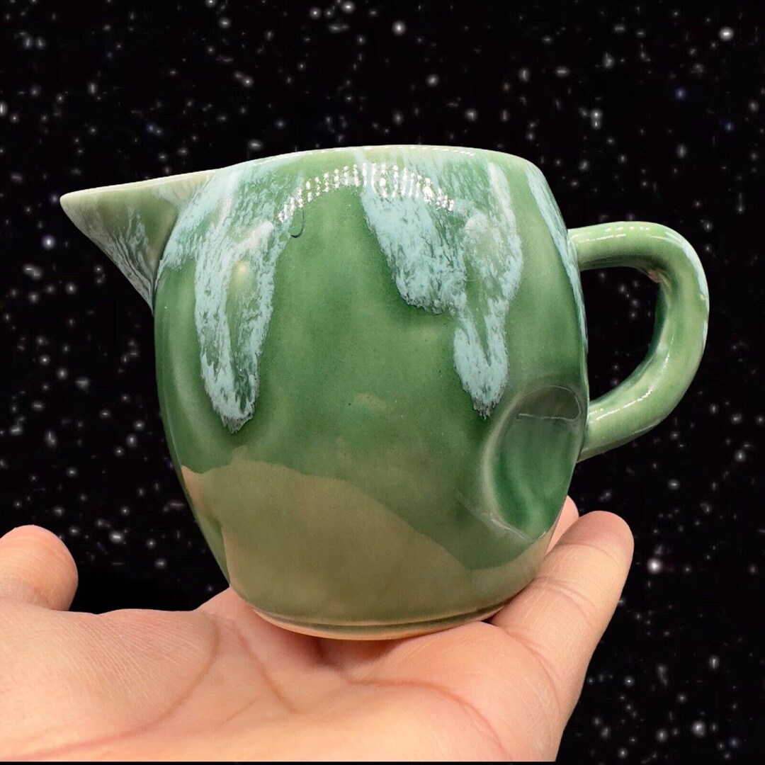 Dryden Pottery Green Pitcher Creamer SP45 Marked Drip Glaze Ceramic 5”W ...