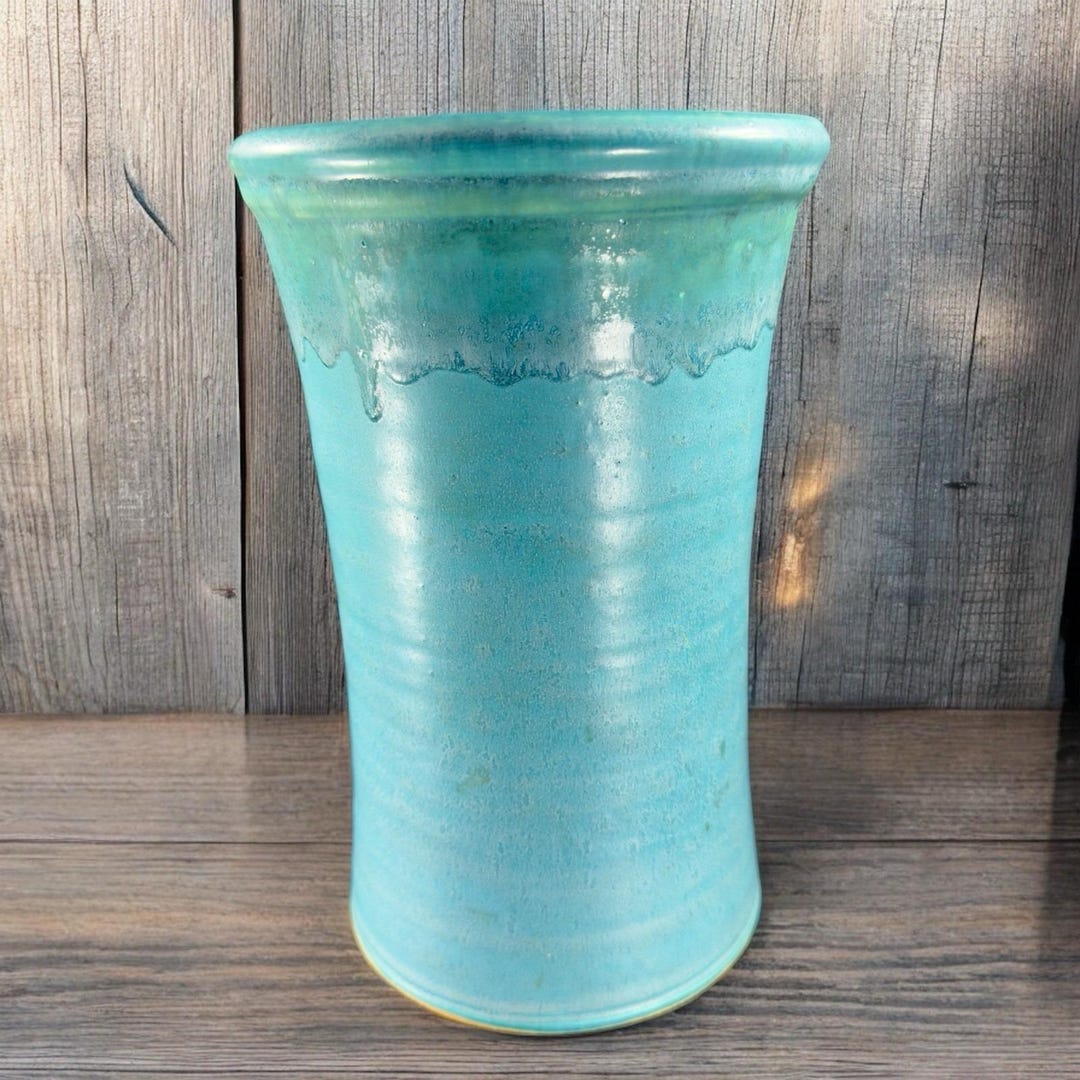 1995 Galena Pottery Company Large Heavy Vase Vessel Turquoise Drip ...