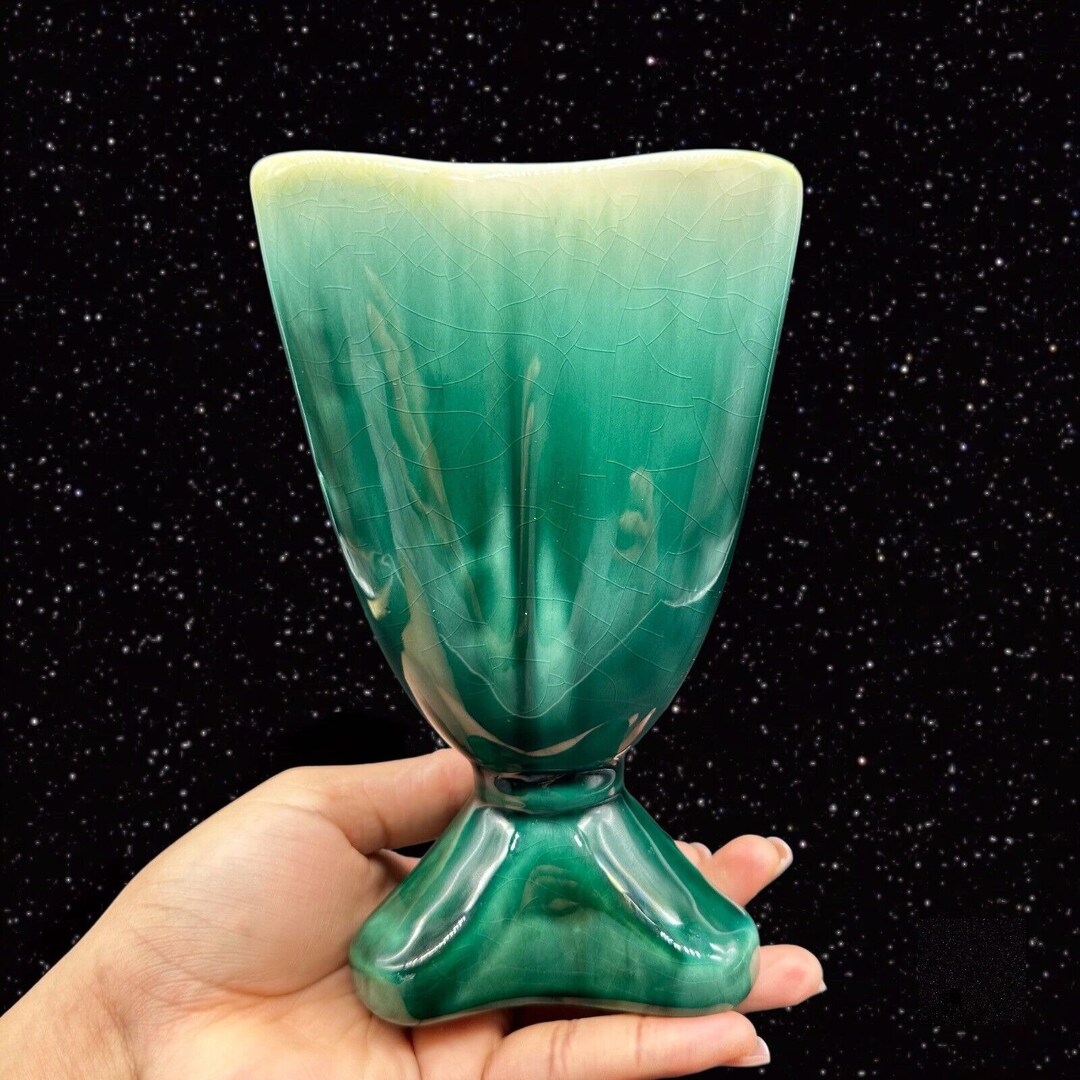 Vintage Early Pottery Vase Green Glaze Triangular Hand Made 7.25”T 4.5 ...