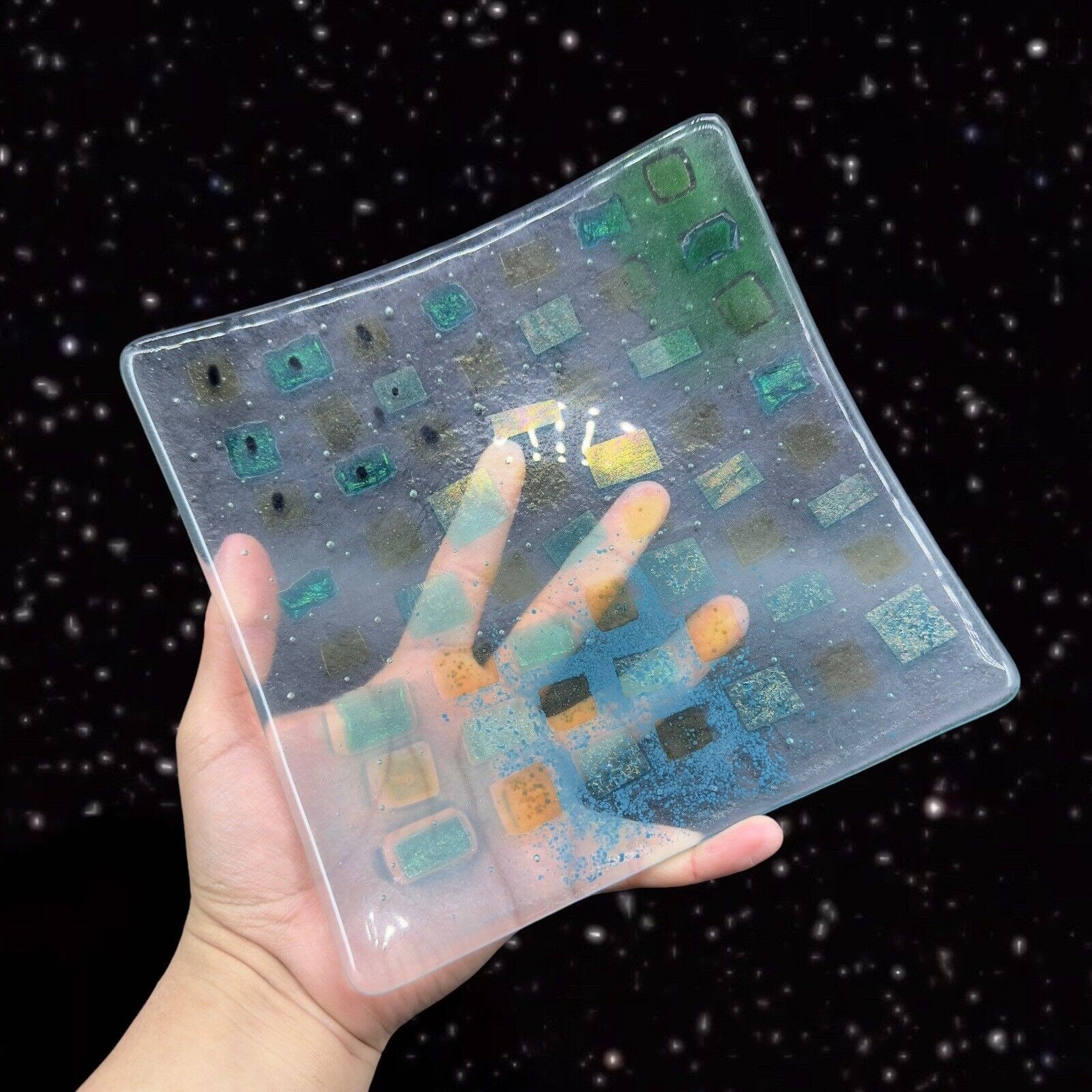Square Fused Art Glass Dish Plate Textured Iridescent Glass W - Etsy