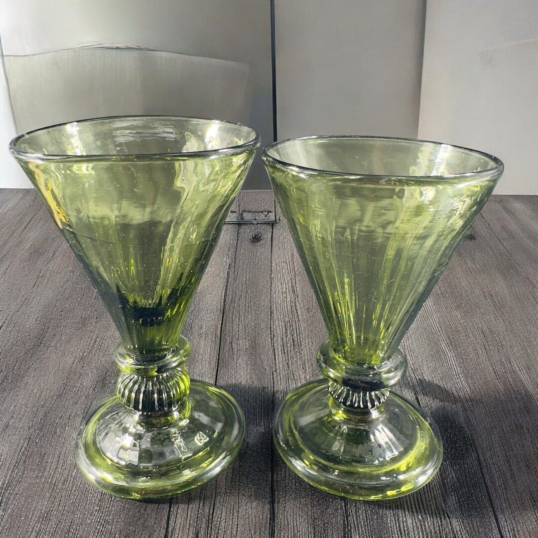 Hand Blown Green Glass Drinking Cups Glasses Optic Swirl Hand Made ...