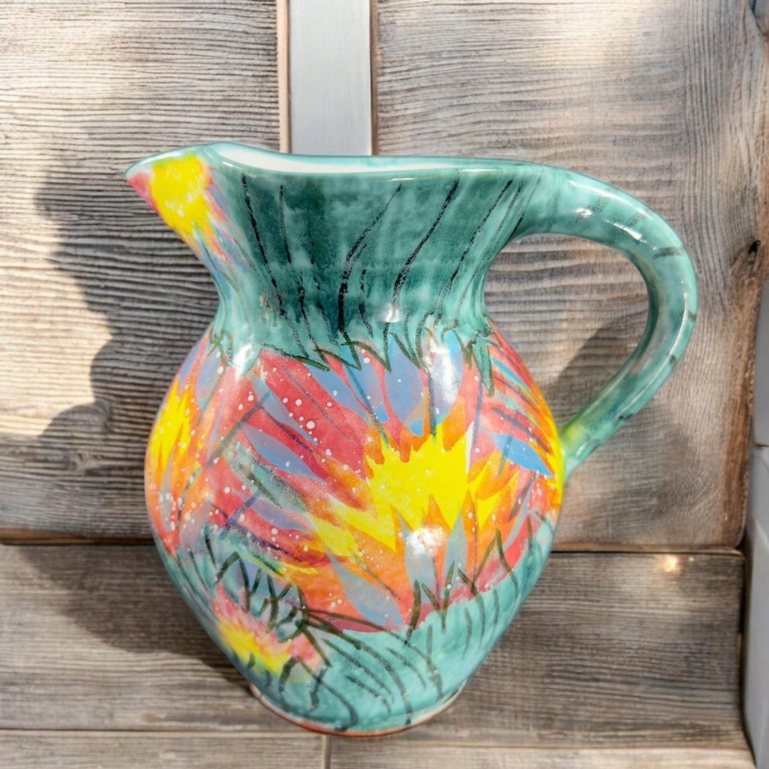 Vietri Italian Redware Pottery Pitcher Carafe Jug Hand Painted Large ...