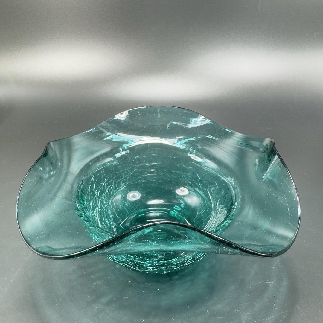Blenko Art Glass Hat Bowl Crimped Rim Ruffled Crackle Sea Green Vintage ...