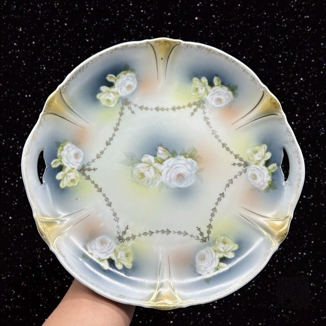 Antique Hand Painted Plate Porcelain Floral Double Handle Gold Specks ...