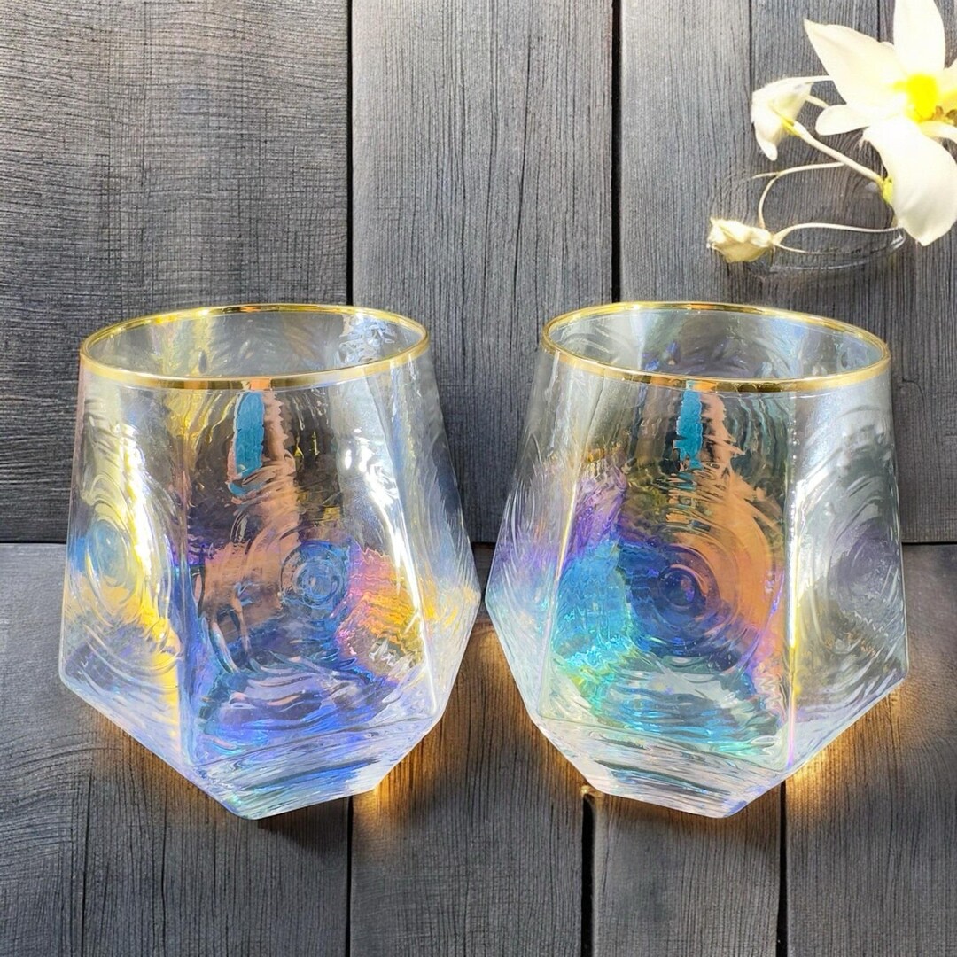 Iridescent Diamond Shape Drinking Glasses Cups Set 2 Tumblers 10oz ...