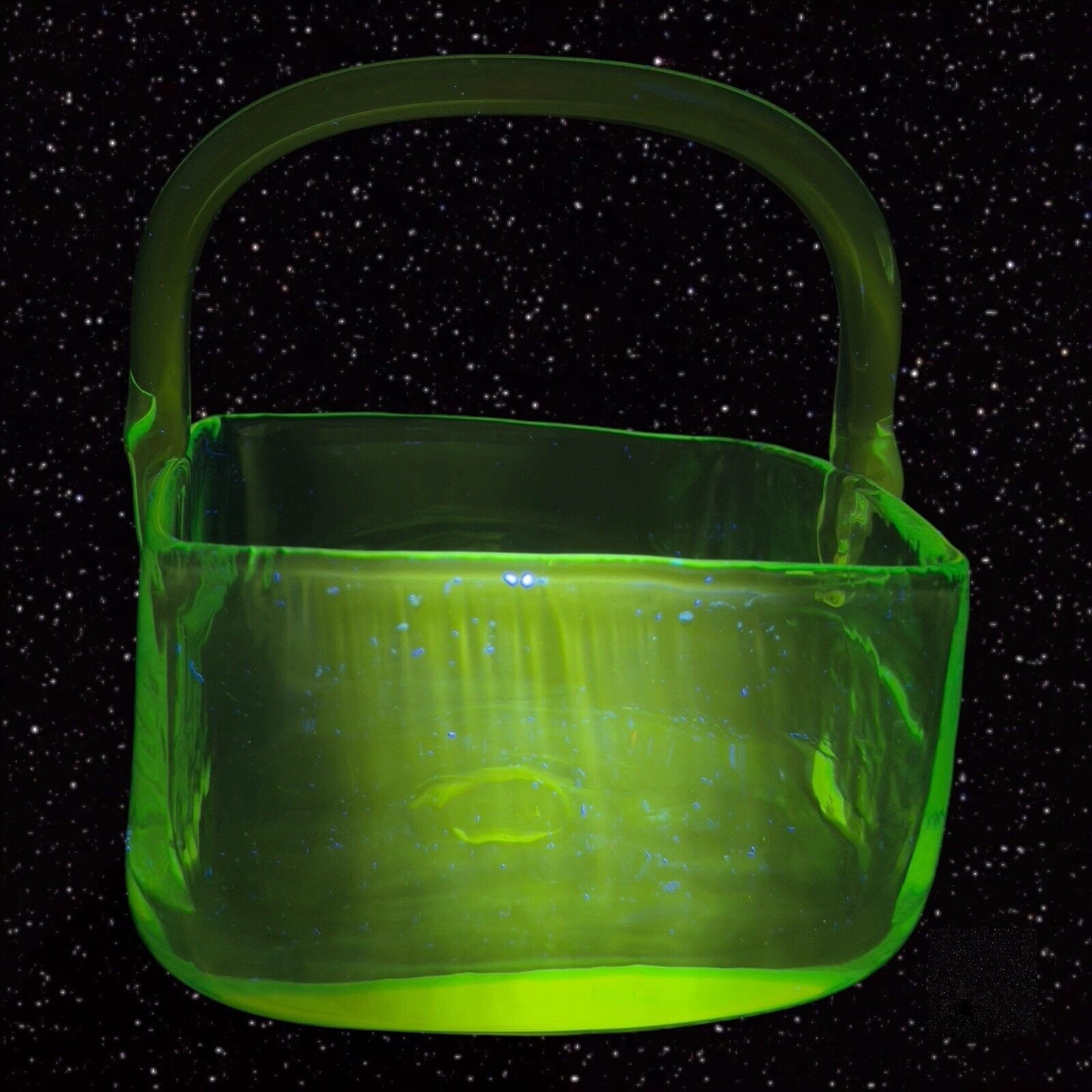 Blenko Teal Green Glass Square Basket With Clear Handle Manganese 365nm ...