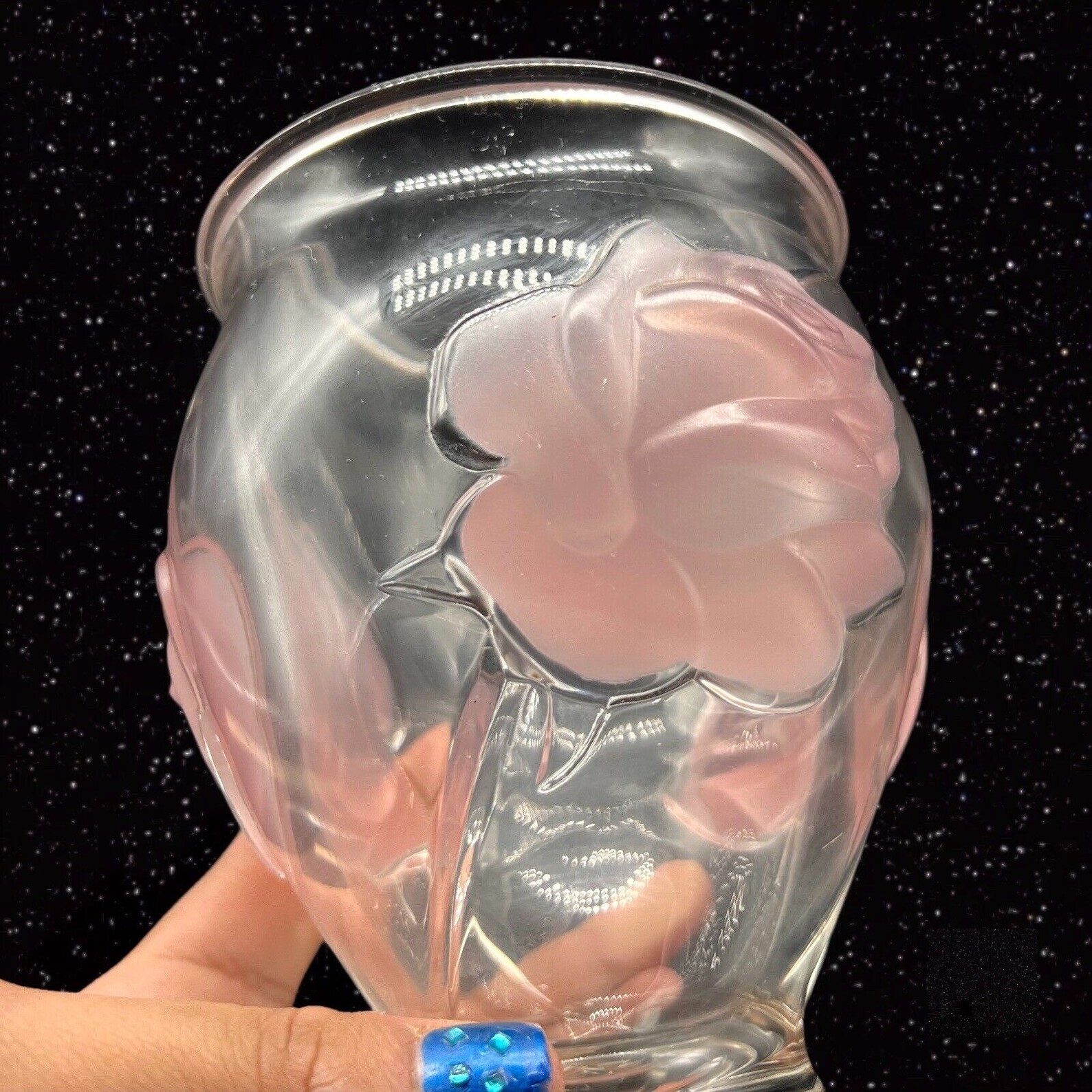 Teleflora Glass Heavy Vase Raised Puff Frosted Pink Roses Lead Crystal ...