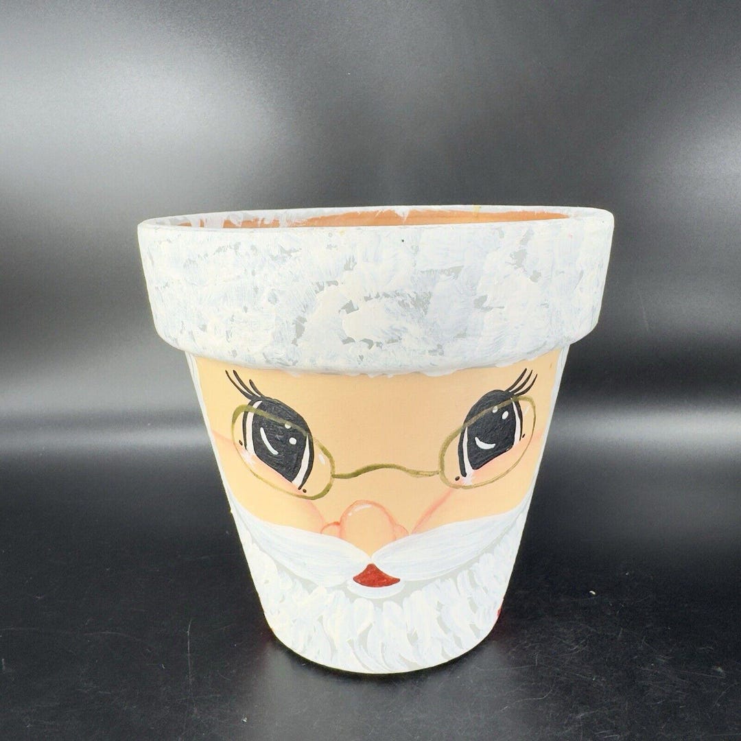 Vintage Ceramic Terracotta Flower Pot Planter Holiday Handpainted Santa ...