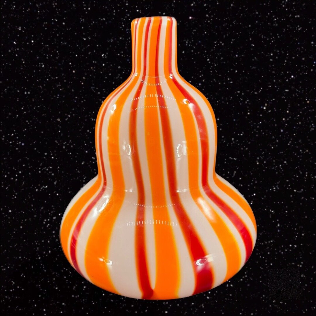 Mid Century Circus Tent Style Art Glass Vase in White, Orange, and Red ...