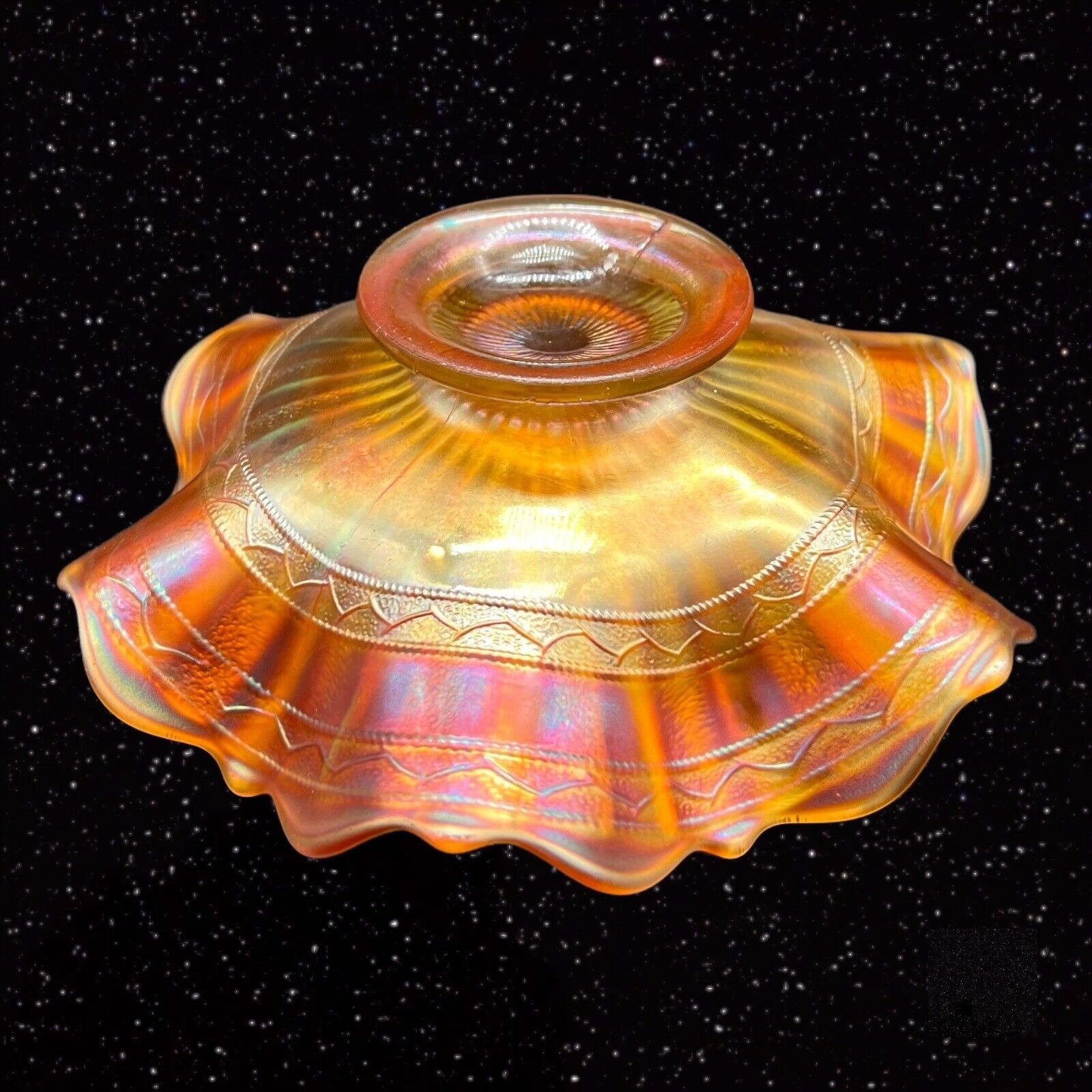 Fenton Glass Stippled Rays Scale Band Exterior Iridescent Bowl Marigold ...