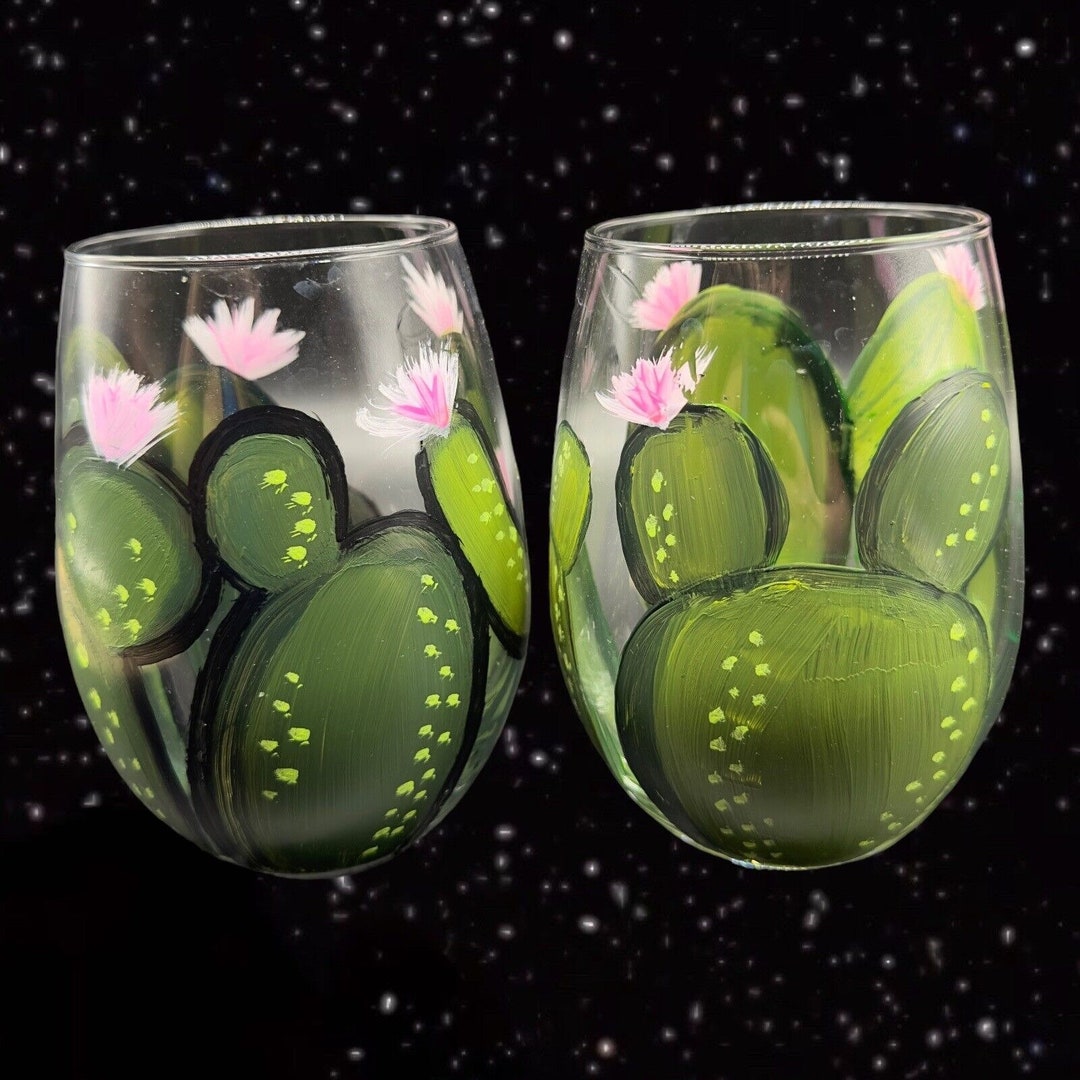 Vintage Libbey Glassware Painted Tumbler Glasses Cactus W Flowers Hand ...