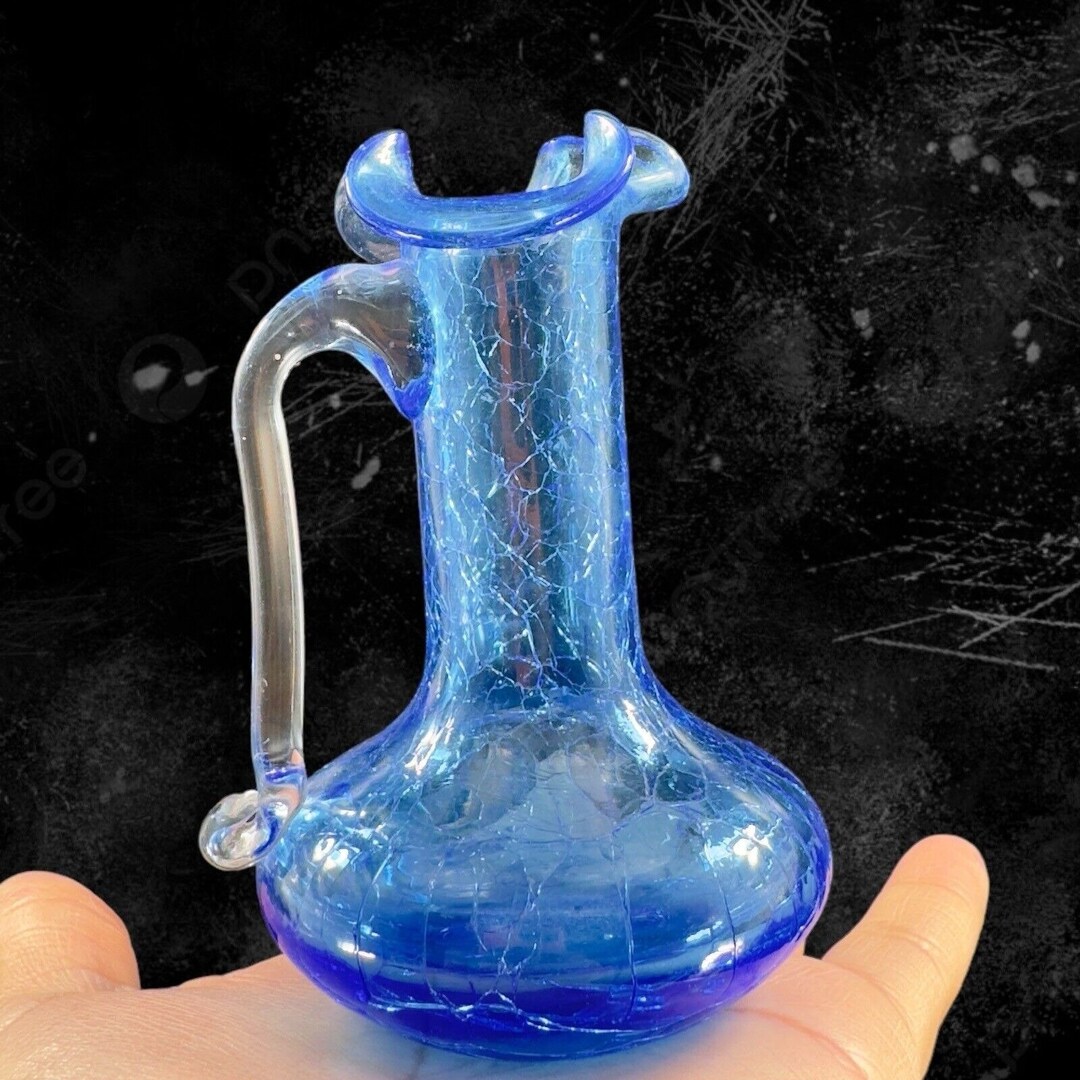 Mid Century Hand Blown Electric Blue Crackled Glass Small Pitcher ...
