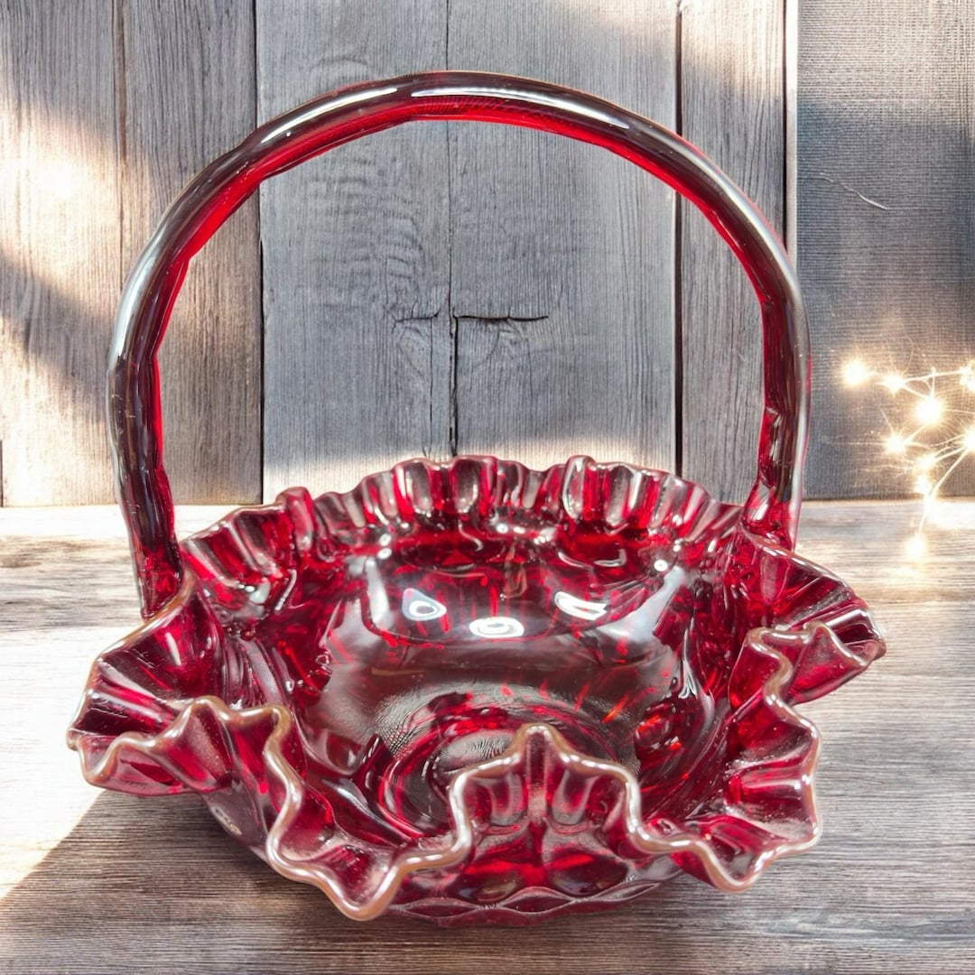 Fenton Ruby Red Glass Basket Bowl Ruffled Edge Amberina Vintage Decor ...