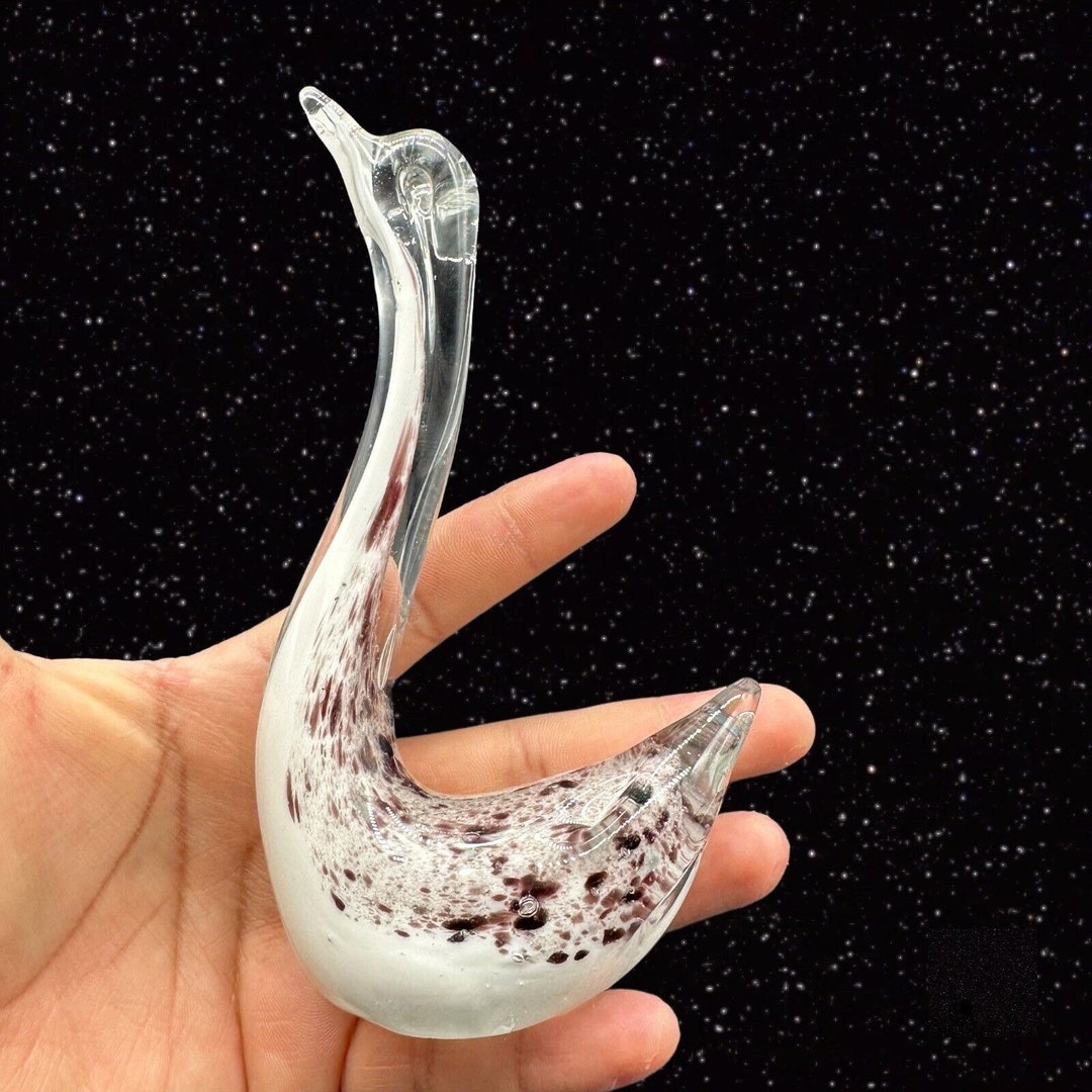 Art Glass Duck Swung Bird Figurine Paperweight White With Purple Dots 6 ...