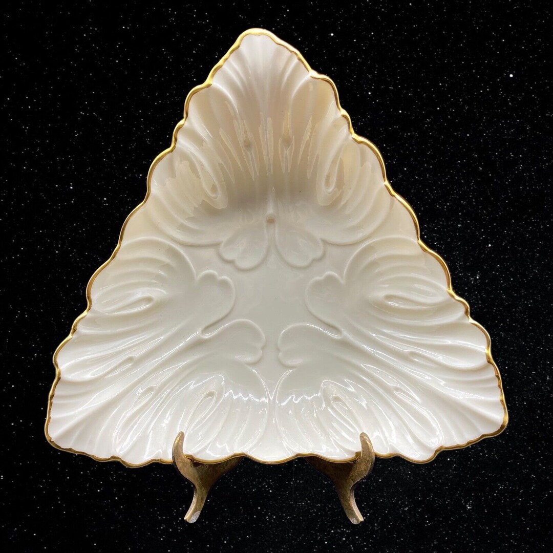 LENOX Triad Collection 24K Gold Trim Ivory Embossed Triangular Dish 2”T ...
