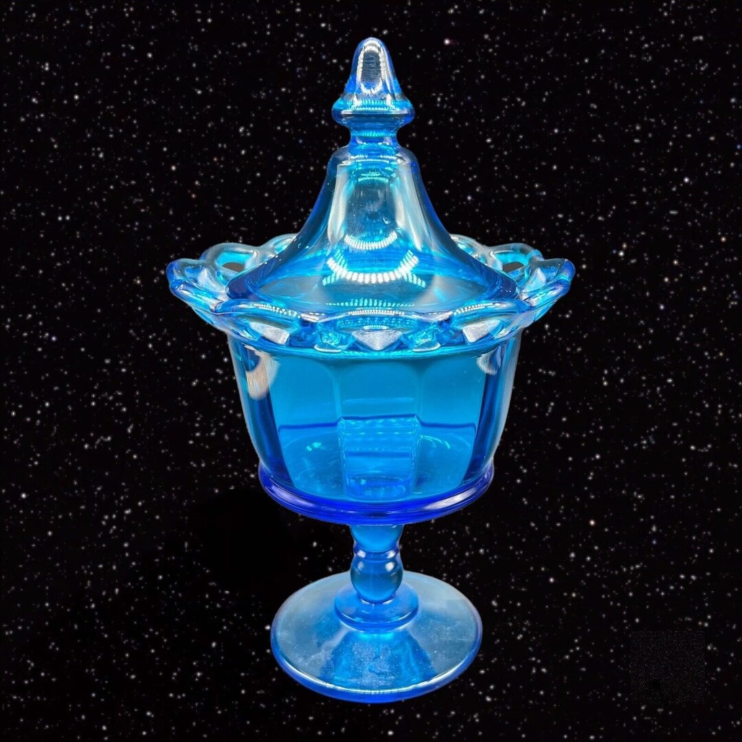 Imperial Glass Blue Laced Edged Candy Dish Jar Covered Dish Vintage 9 ...