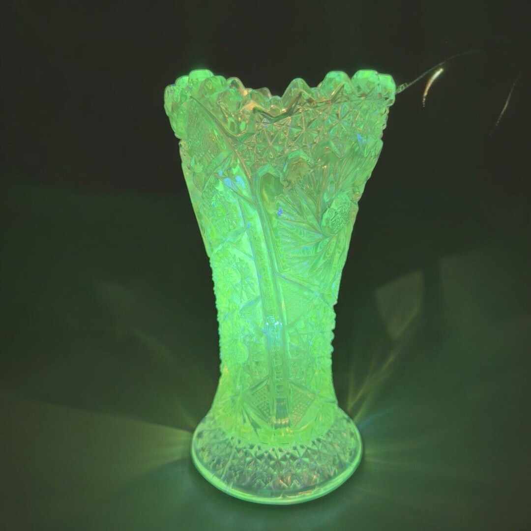 Antique Clear Glass Vase Sawtooth Edge Green Uv Manganese 365nm Glowing Glass Etsy