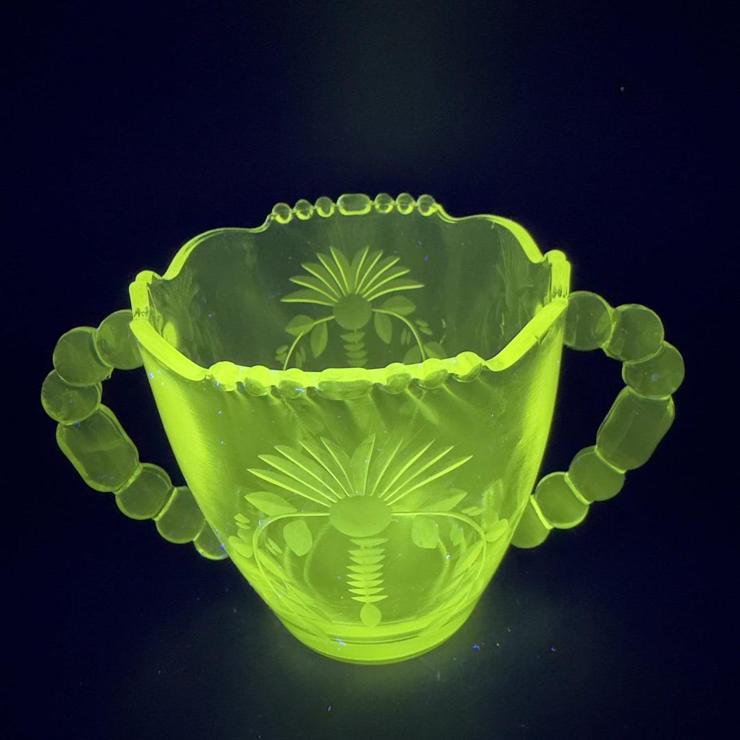 Antique WJ Hughes Clear Etched Flower Sugar Bowl Dish Manganese 365nm ...