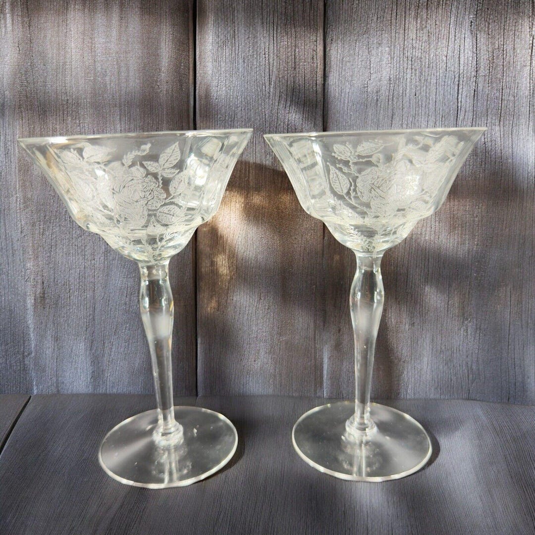 Morgantown American Glass Goblet Cups Set 2 Clear Rose Flower Etched ...