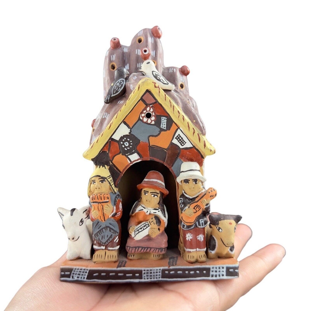 Peruvian Folk Art Pottery Figurine Hand Painted Musicians With Animals ...