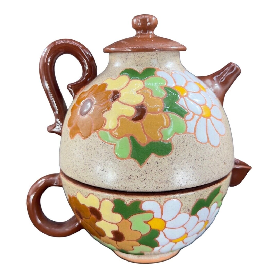 Hand Made Redware Pottery Teapot for One Clay Ceramic Painted Flowers ...
