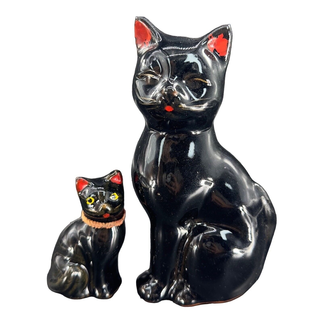 Vintage Japanese Ceramic Cat With Kitten Figurine Set 2 Black W Red ...