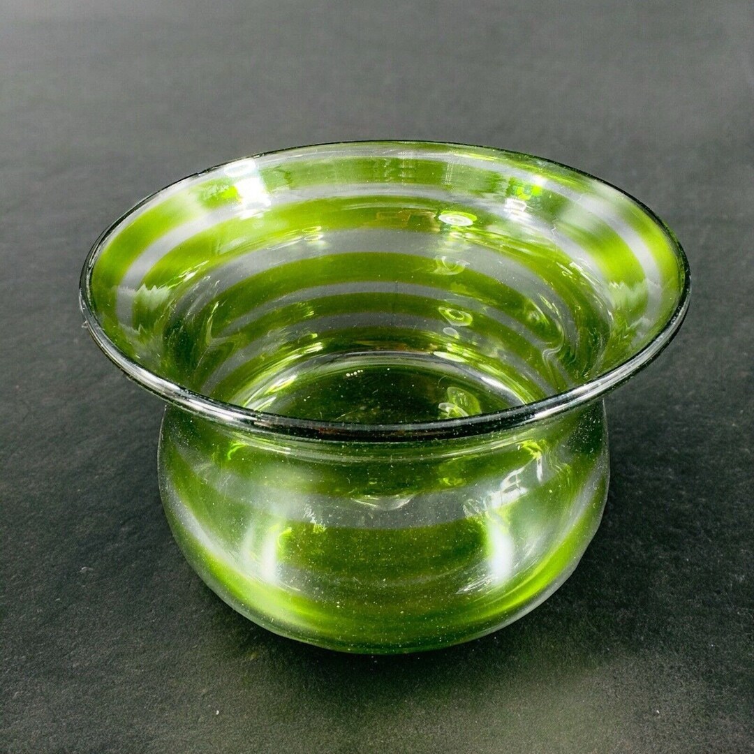 Blenko Art Glass Bowl Planter Flower Pot Hand Blown Green Clear Lines ...