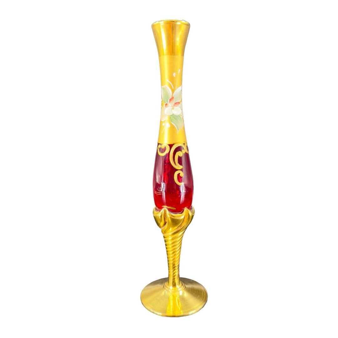 Venetian Art Glass Vase Raised Flowers Ruby Red Heavy Gold Painted Made ...