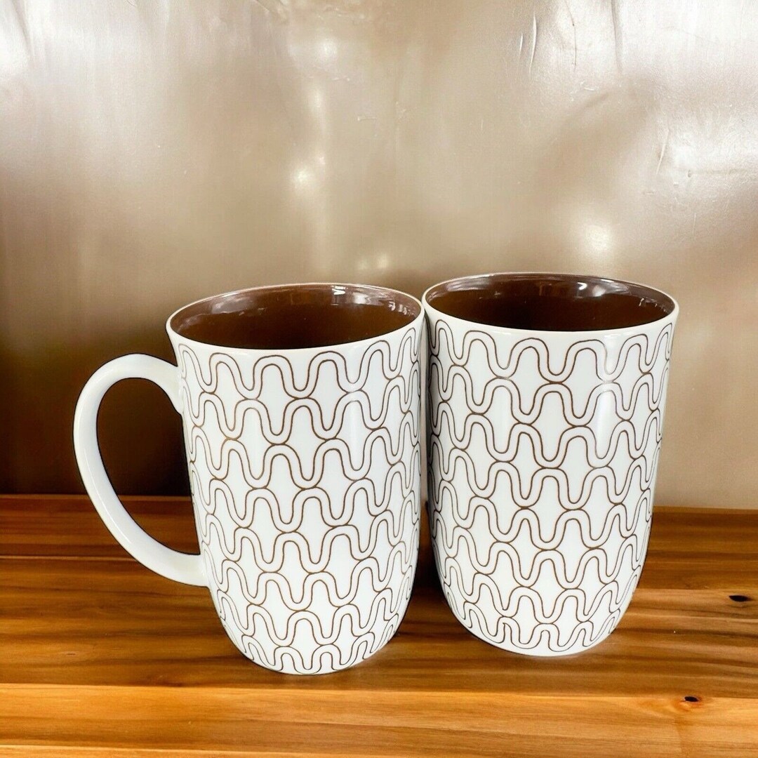 1970S Fitz & Floyd Fishnet Coffee Mug Cup Brown White Handled Mug Set 2 ...