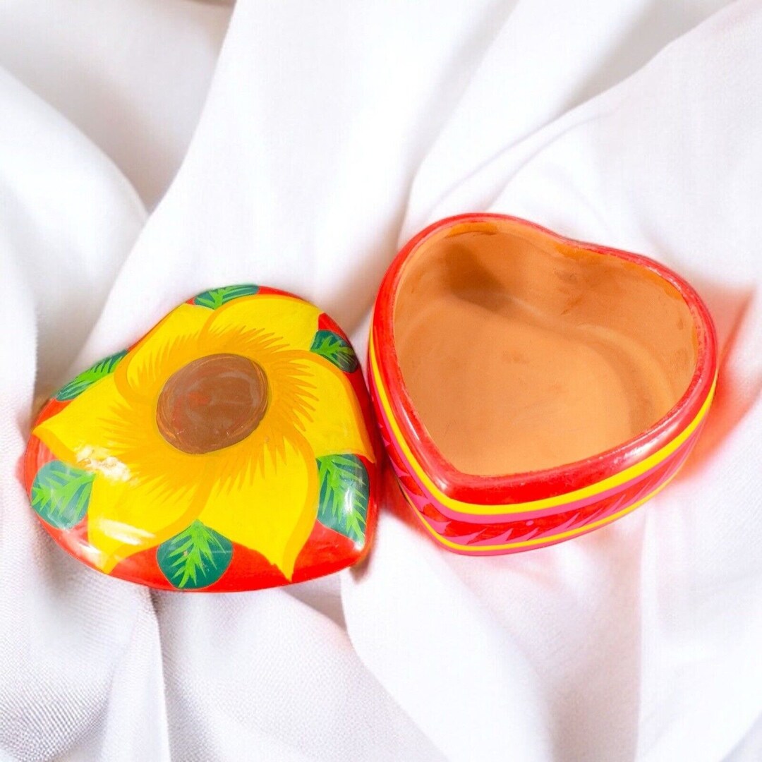 Mexico Pottery Ceramic Redware Pottery Heart Shaped Trinket Box Jewelry ...