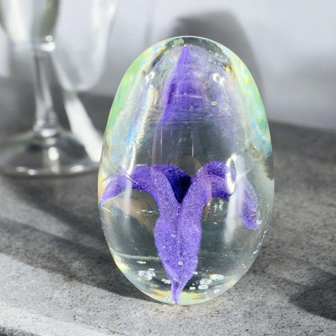 1999 TITAN Art Glass Paperweight Clear Purple Trumpet Flower Signed ...