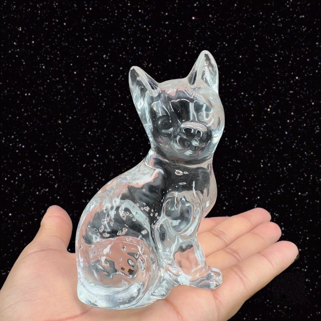 Clear Art Glass Cat Feline Paperweight Figurine With Small Bubbles ...
