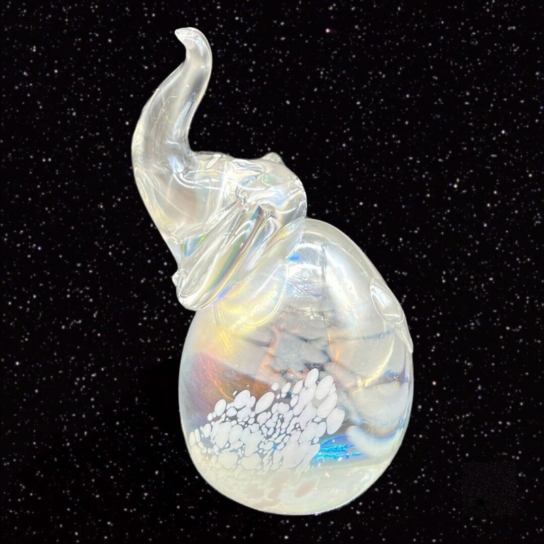 Art Glass Elephant Paperweight Figure Iridescent White Spotted 3.5”T 2. ...