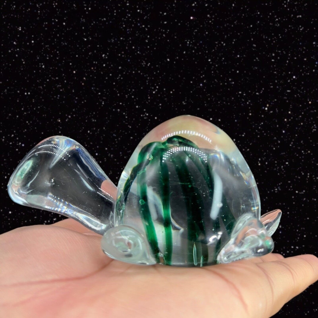 Clear Art Glass Turtle Figurine Paperweight With Green Swirls Clear ...