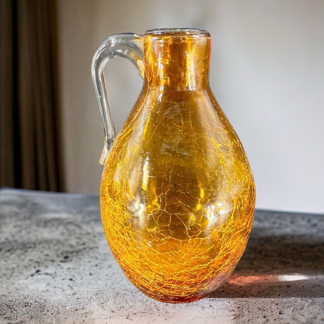 Crackle Glass Hand Blown Jug Container Vase With Clear Handle Glass ...
