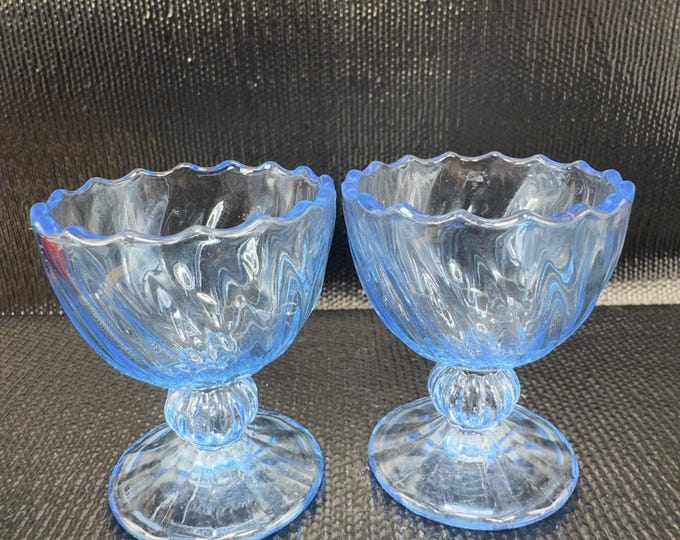 Vintage Light Blue Glass Egg Cup Holder Small Glasses Cups Set 2 Swirl ...