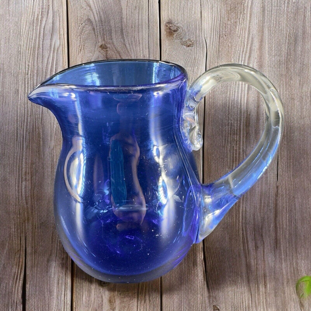 Hand Blown Cobalt Blue Creamer Pitcher With Long Clear Handle Hand Made ...
